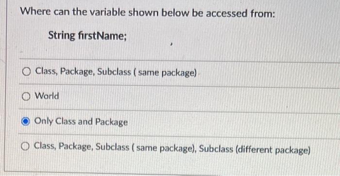 Solved Where can the variable shown below be accessed from: | Chegg.com
