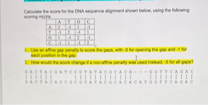 calculate the score for the DNA sequence alignment | Chegg.com
