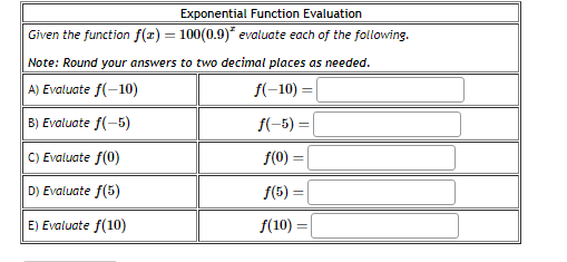 Solved \table[[Exponential Function Evaluation],[Given the | Chegg.com
