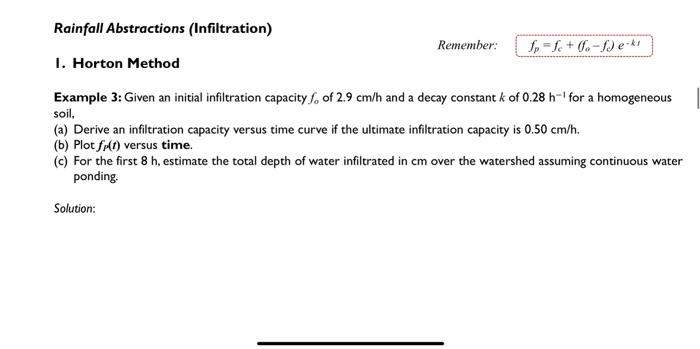 Solved Rainfall Abstractions (Infiltration) I. Horton Method | Chegg.com