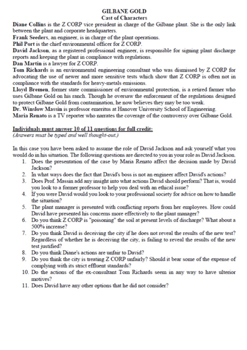 GILBANE GOLD Cast of Characters Diane Collins is the | Chegg.com