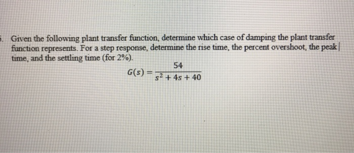 Solved Given the following plant transfer function, | Chegg.com