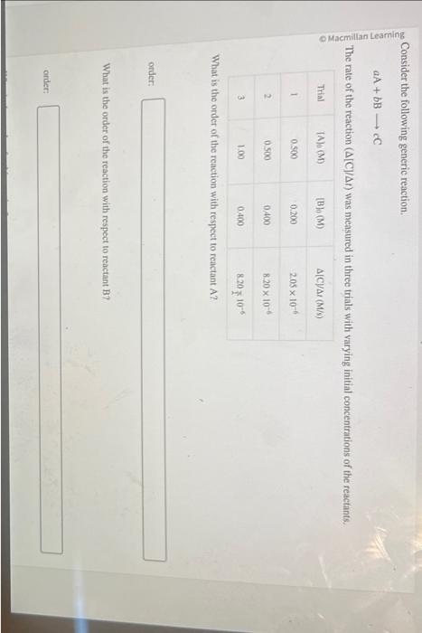 Solved Consider the following generic reaction. a A+b B cC | Chegg.com