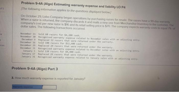 Solved Problem 9-4A (Algo) Estimating warranty expense and | Chegg.com