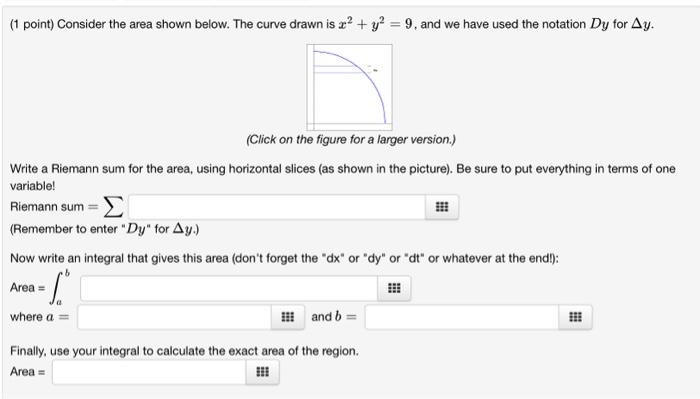 Solved (1 point) Consider the area shown below. The curve | Chegg.com