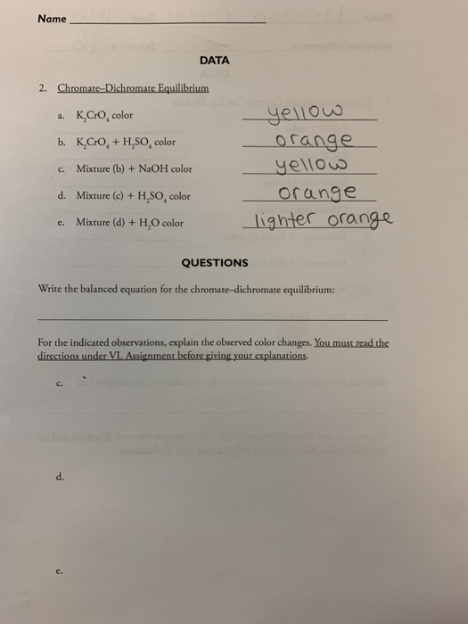 Solved Name DATA 2. Chromate-Dichromate Equilibrium a. K,CrO | Chegg.com