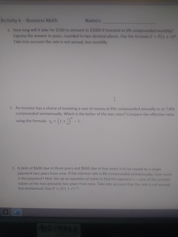Solved Activity 6 - Business Math Names: 1. How long will it | Chegg.com