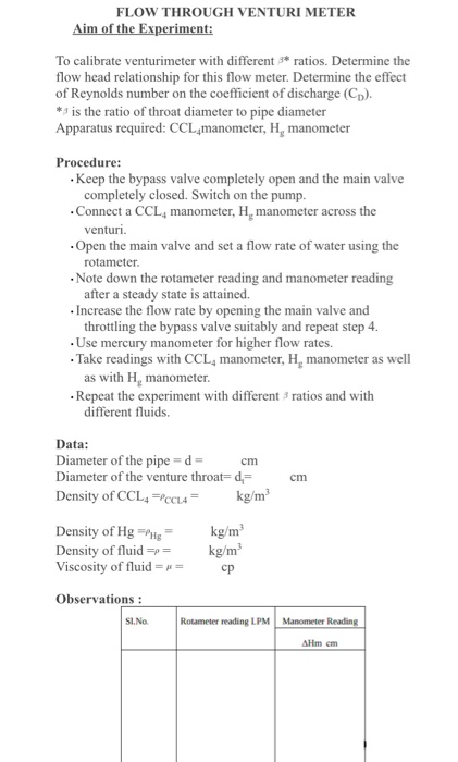 Solved FLOW THROUGH VENTURI METER Aim of the Experiment: To | Chegg.com