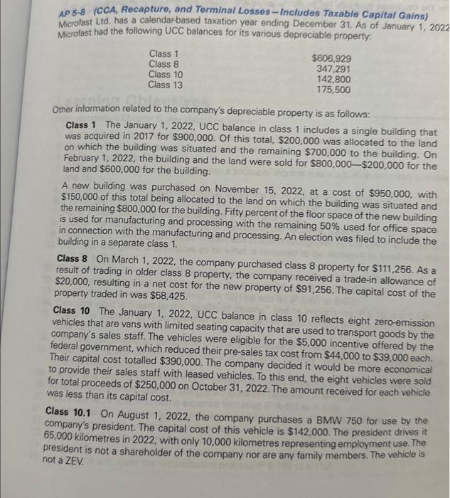 AP 5-8 (CCA, Recapture, and Terminal Losses-Includes | Chegg.com