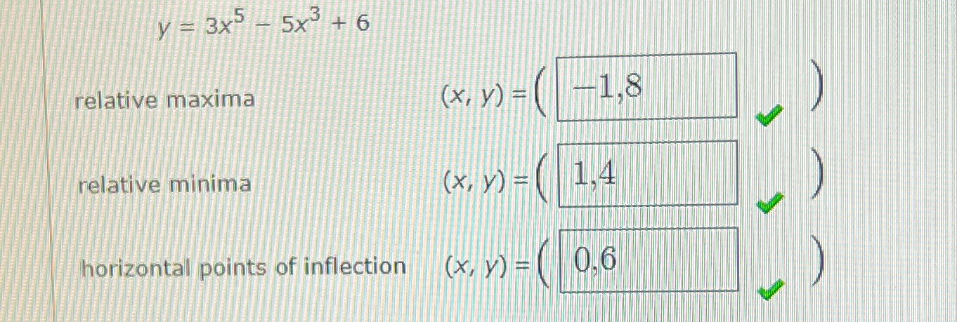 Solved y=3x5-5x3+6relative maxima(x,y)=( )(x,y)=( )relative | Chegg.com
