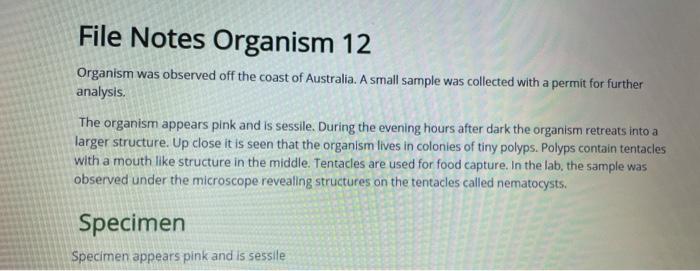 Solved File Notes Organism 12 Organism was observed off the | Chegg.com
