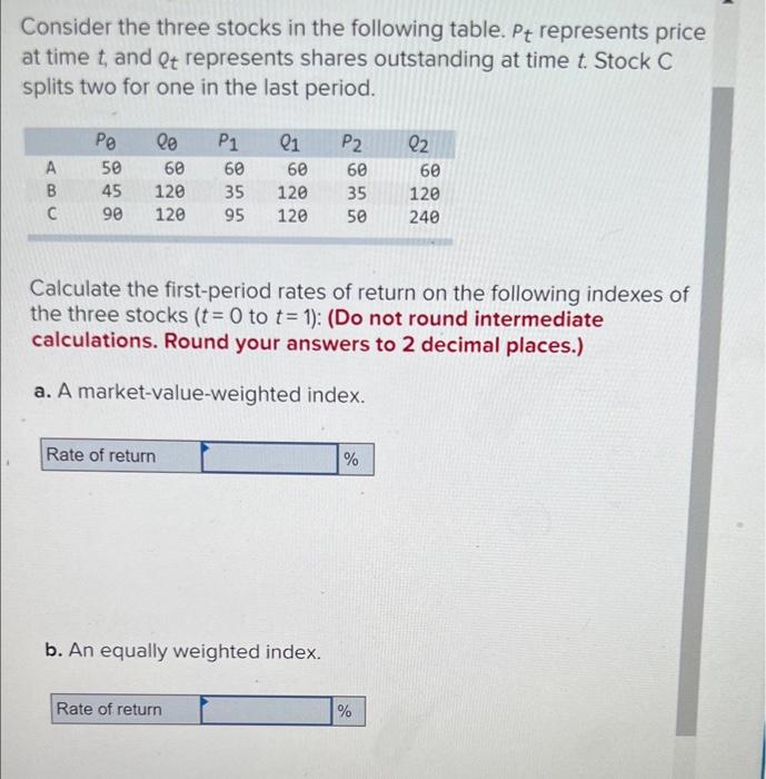Solved Consider the three stocks in the following table. Pt | Chegg.com