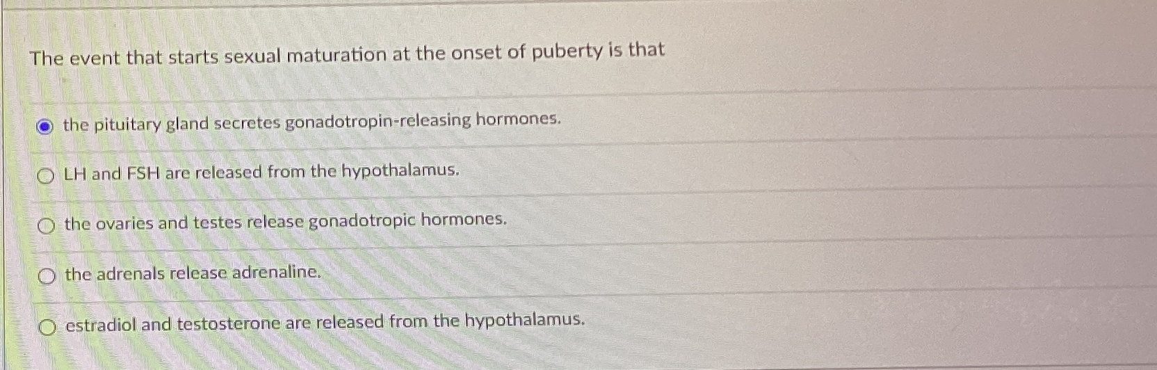 Solved The event that starts sexual maturation at the onset | Chegg.com