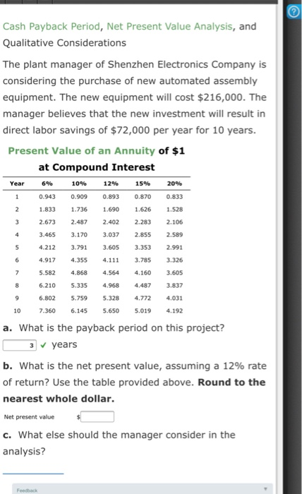 Solved Cash Payback Period, Net Present Value Analysis, and | Chegg.com