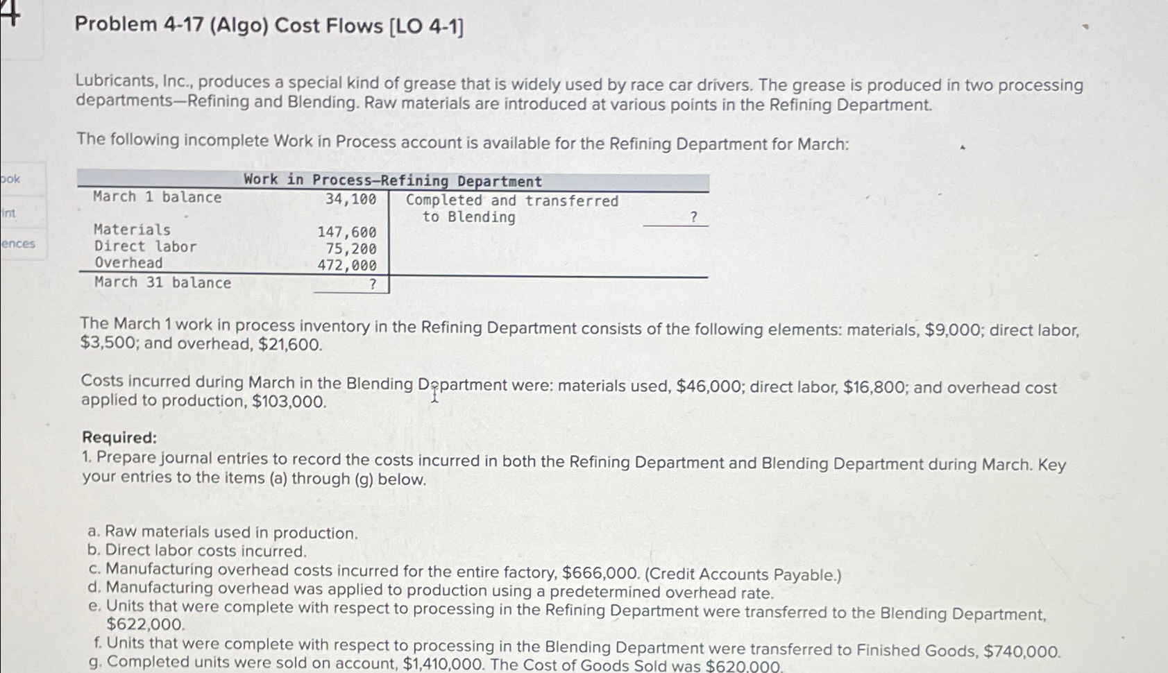 Solved Problem 4-17 (Algo) ﻿Cost Flows [LO 4-1]Lubricants, | Chegg.com