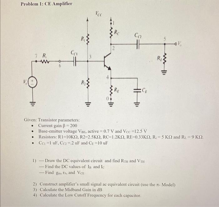 Solved Problem 1: CE Amplifier Given: Transistor parameters: | Chegg.com