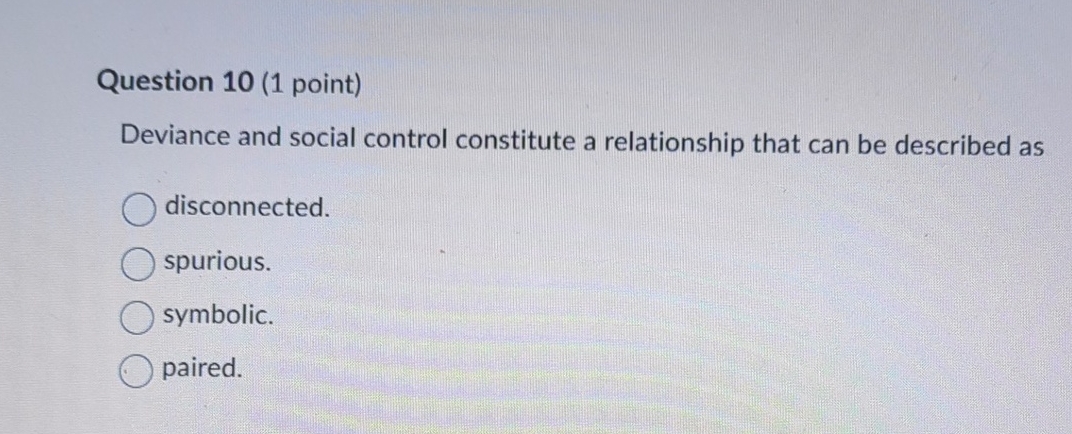 Solved Question 10 (1 ﻿point)Deviance and social control | Chegg.com