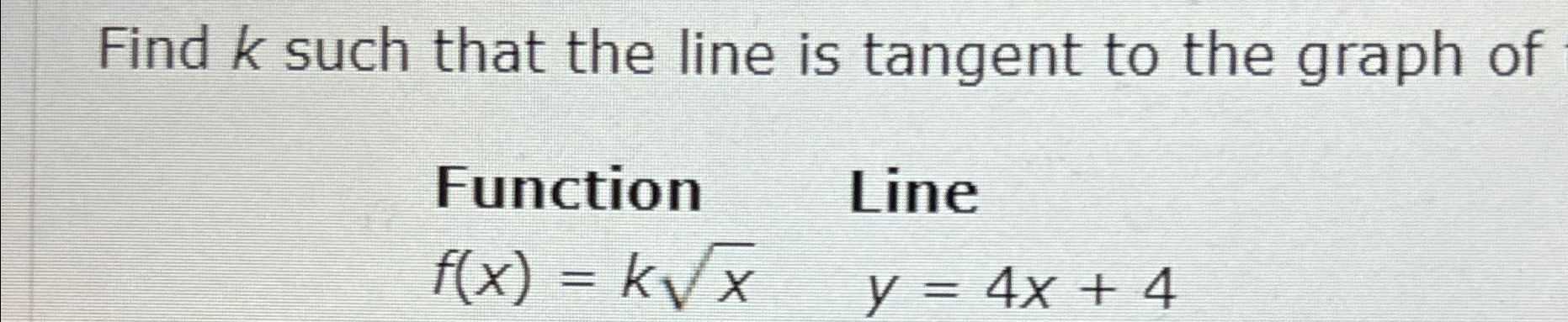 Solved Find k such that the line is tangent to the graph | Chegg.com Solved Find k such that the line is tangent to the graph | Chegg.com