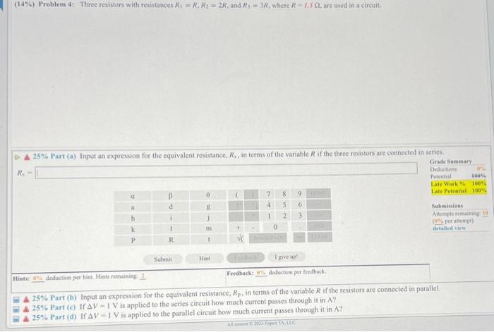Solved (14\%) Problem 4: Three resistors with resistances | Chegg.com