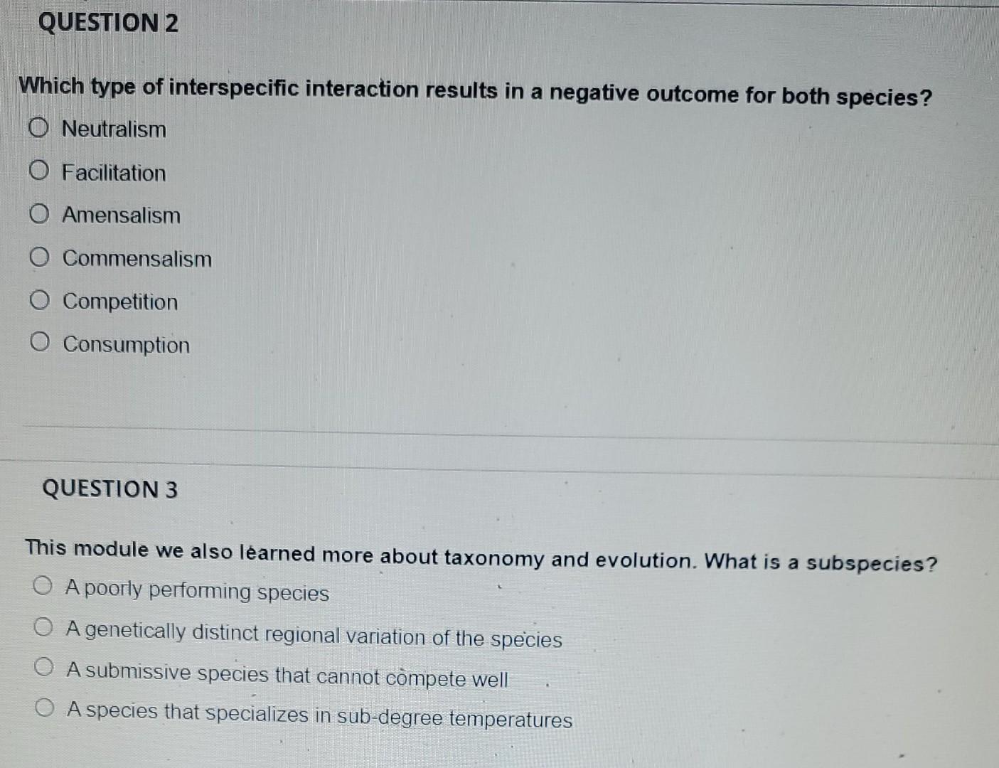 Solved QUESTION 2 Which type of interspecific interaction | Chegg.com