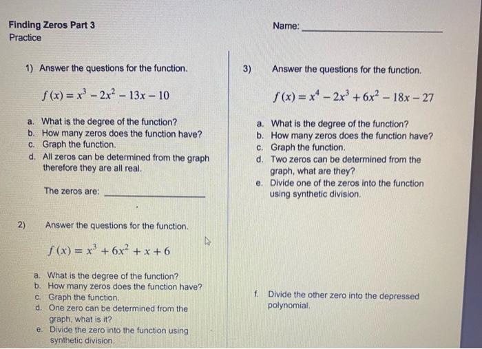 Solved Finding Zeros Part 3 Practice Name: 1) Answer the | Chegg.com