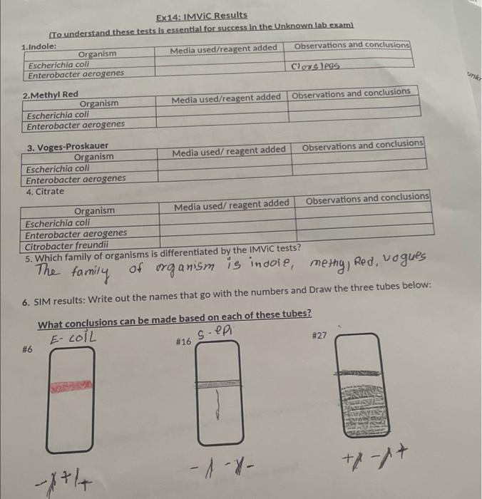 Ex 14: IMViC Results ITn understand these tests is | Chegg.com
