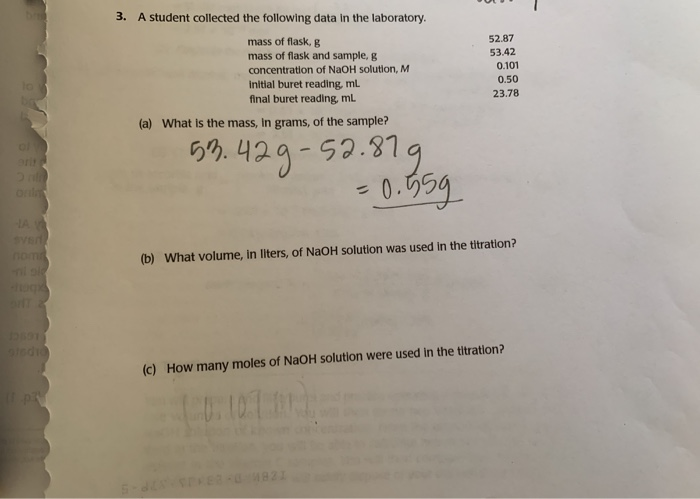 Solved 3. A student collected the following data in the | Chegg.com