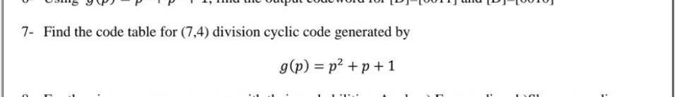 Solved 7- ﻿Find the code table for (7,4) ﻿division cyclic | Chegg.com