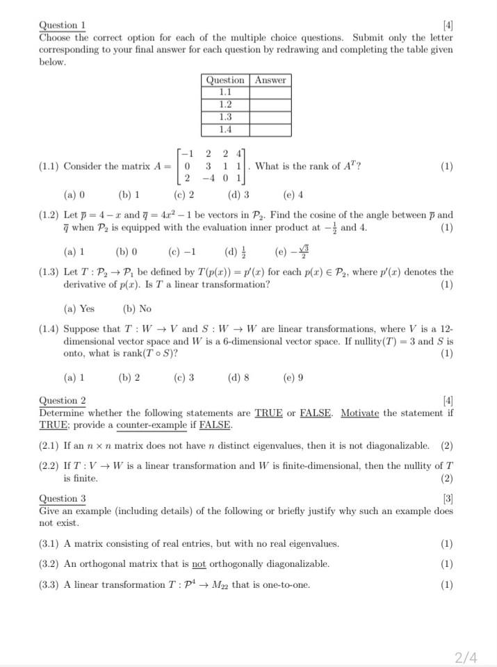 Solved Question 1 Choose the correct option for each of the | Chegg.com