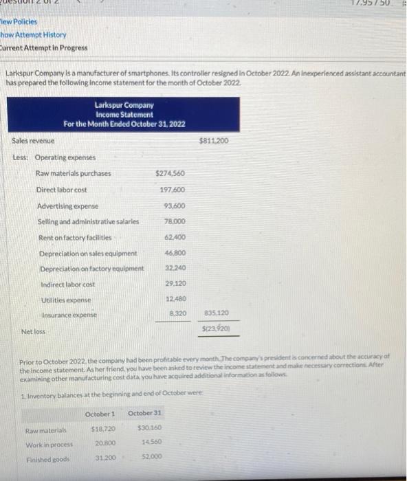 Solved 17.95 / 50 lew Policies how Attempt History Current | Chegg.com