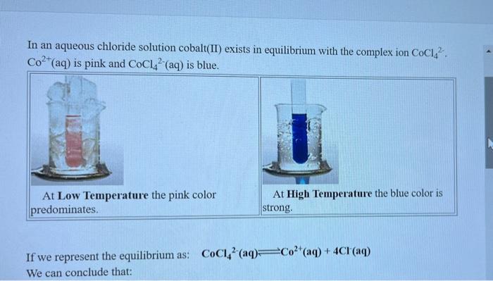 Solved In an aqueous chloride solution cobalt(II) exists in | Chegg.com