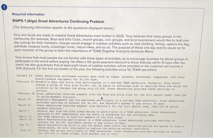 Solved Required information RWP5-1 (Algo) Great Adventures | Chegg.com