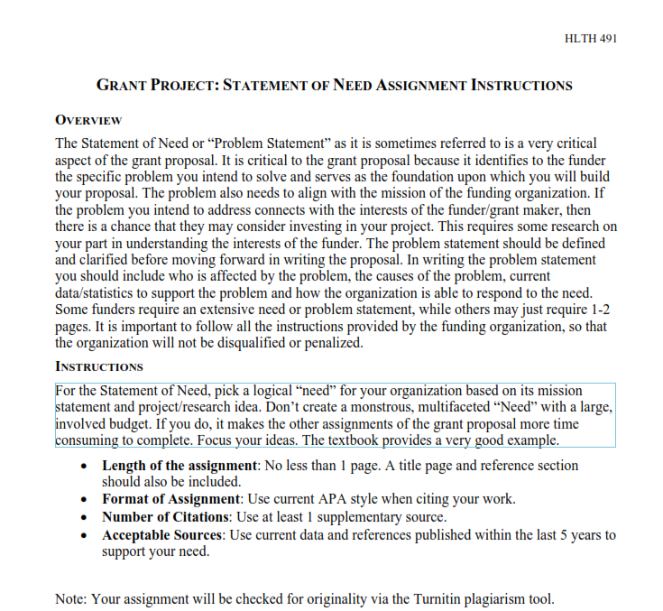 Solved Grant Prouect: Statement of Need Assignment | Chegg.com