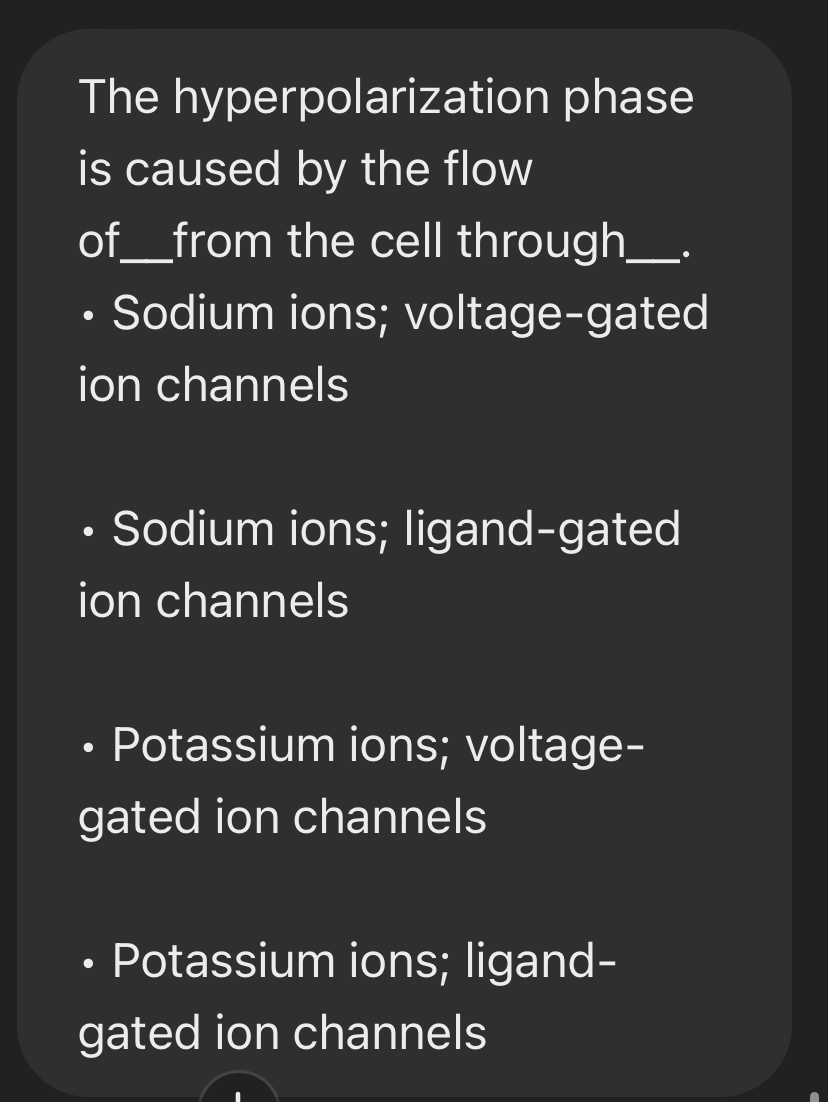 Solved The hyperpolarization phase is caused by the flow of | Chegg.com
