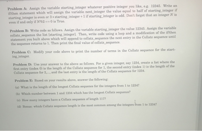 Solved Problem A: Assign the variable starting integer | Chegg.com