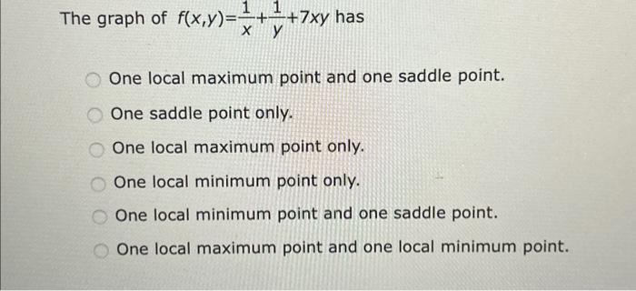 Solved raph of f(x,y)=x1+y1+7xy has One local maximum point | Chegg.com