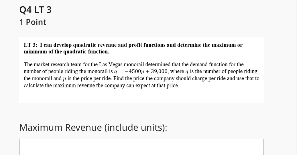 Solved LT 3: I can develop quadratic revenue and profit | Chegg.com