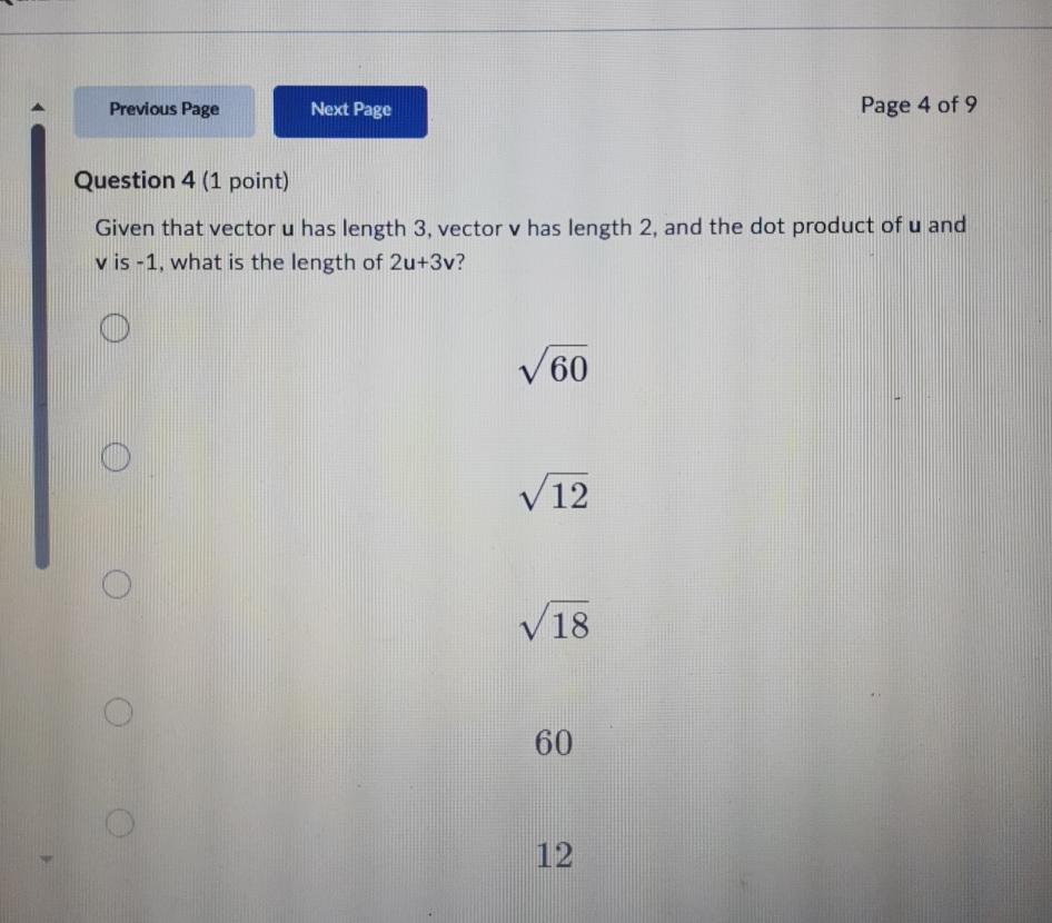 Solved Page 4 ﻿of 9Question 4 (1 ﻿point)Given that vector u | Chegg.com