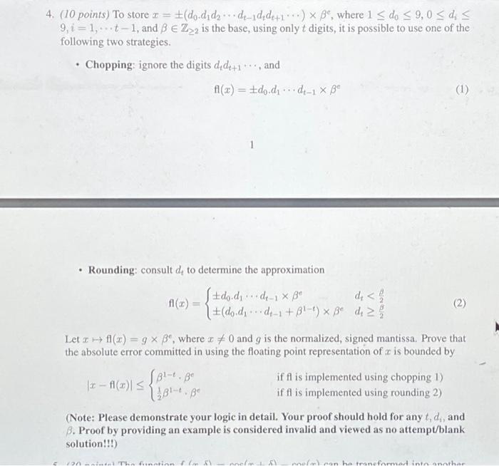 Solved 4. (10 points) To store x=±(d0⋅d1d2⋯dt−1dtdt+1⋯)×βc, | Chegg.com