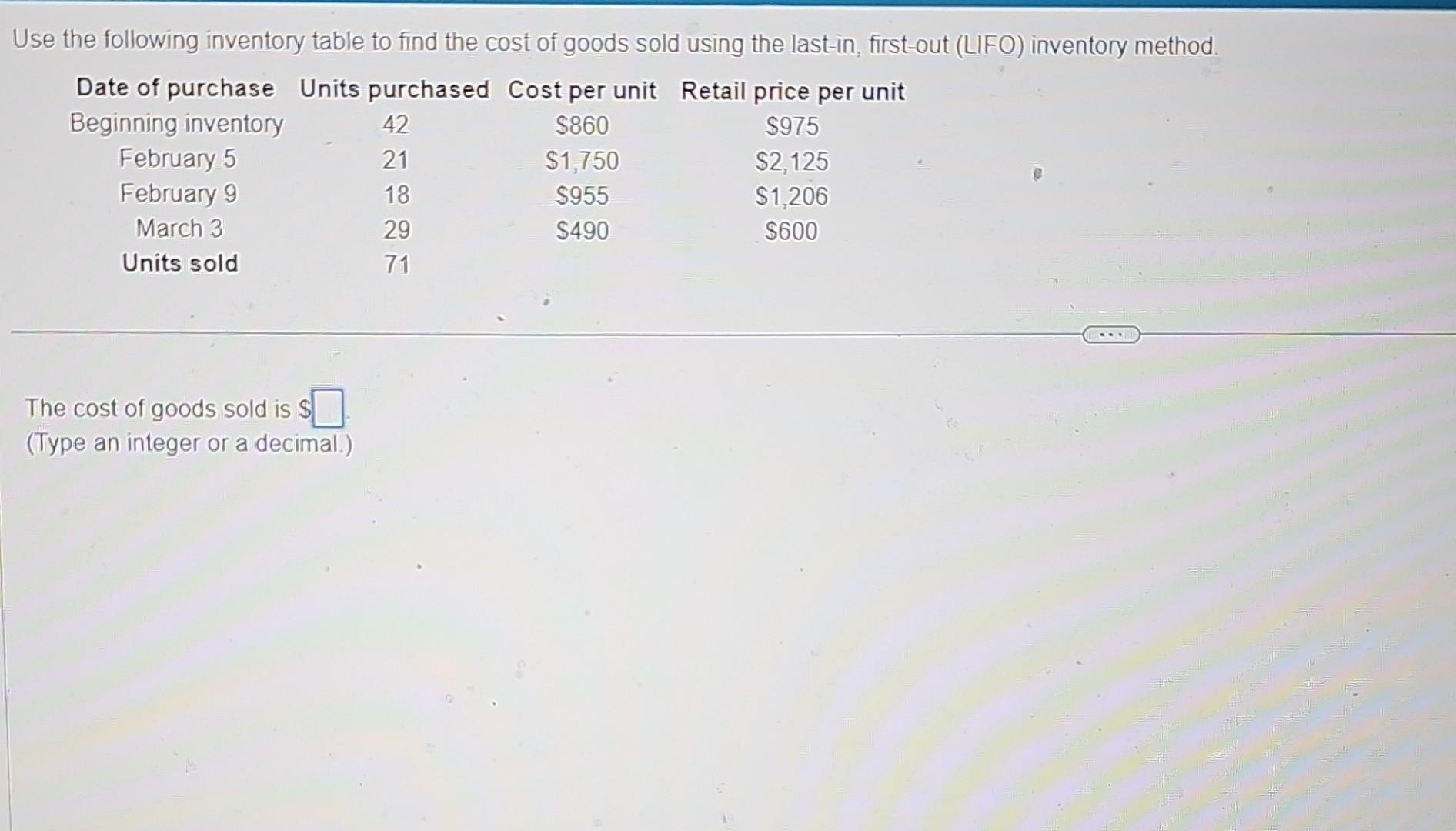 Solved Use the following inventory table to find the cost of | Chegg.com