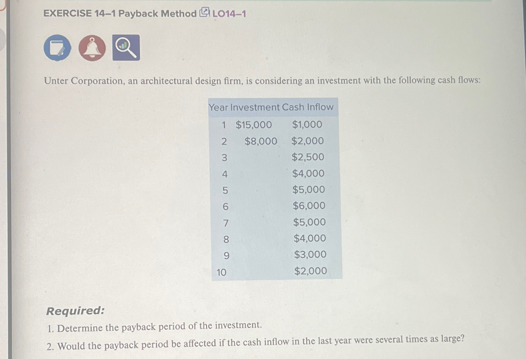 Solved EXERCISE 14-1 Payback Method 囚 LO14-1Unter | Chegg.com Solved EXERCISE 14-1 Payback Method 囚 LO14-1Unter | Chegg.com