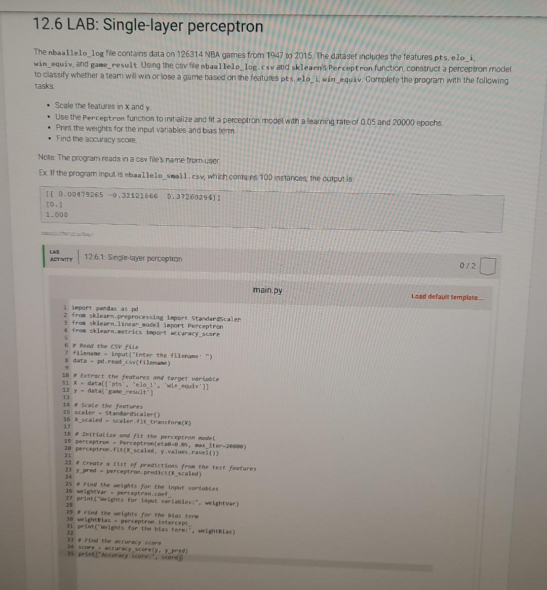 Solved I 2.0 LAB: single-layer perceptron The nbaallelo_log | Chegg.com