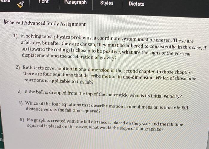 Solved Font Paragraph Styles Dictate Free Fall Advanced | Chegg.com