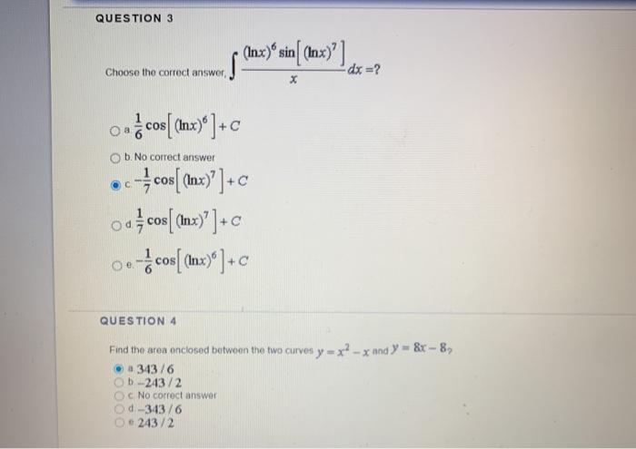Solved QUESTION 3 (Inx) sin (Inx)' •dx=? Choose the correct | Chegg.com