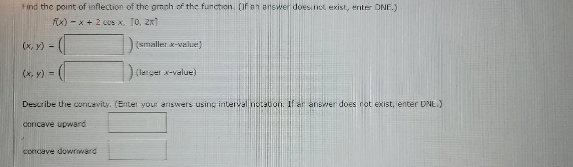Solved f(x)=x+2cosx,[0,2π](x,y)=(x,y)= Describe the | Chegg.com