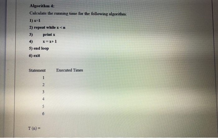 Solved Algorithm 4: Calculate the running time for the | Chegg.com