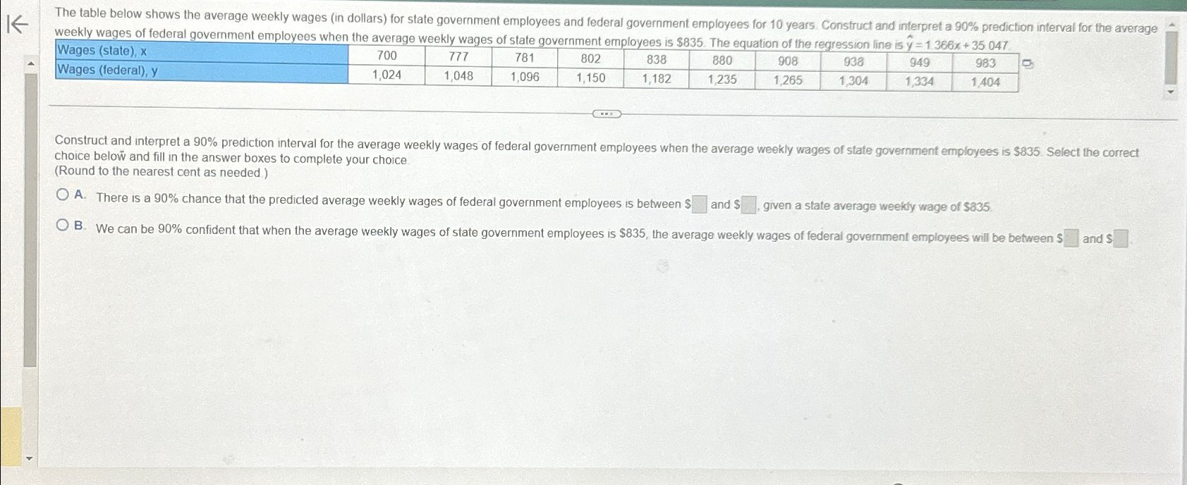 Solved The table below shows the average weekly wages (in | Chegg.com