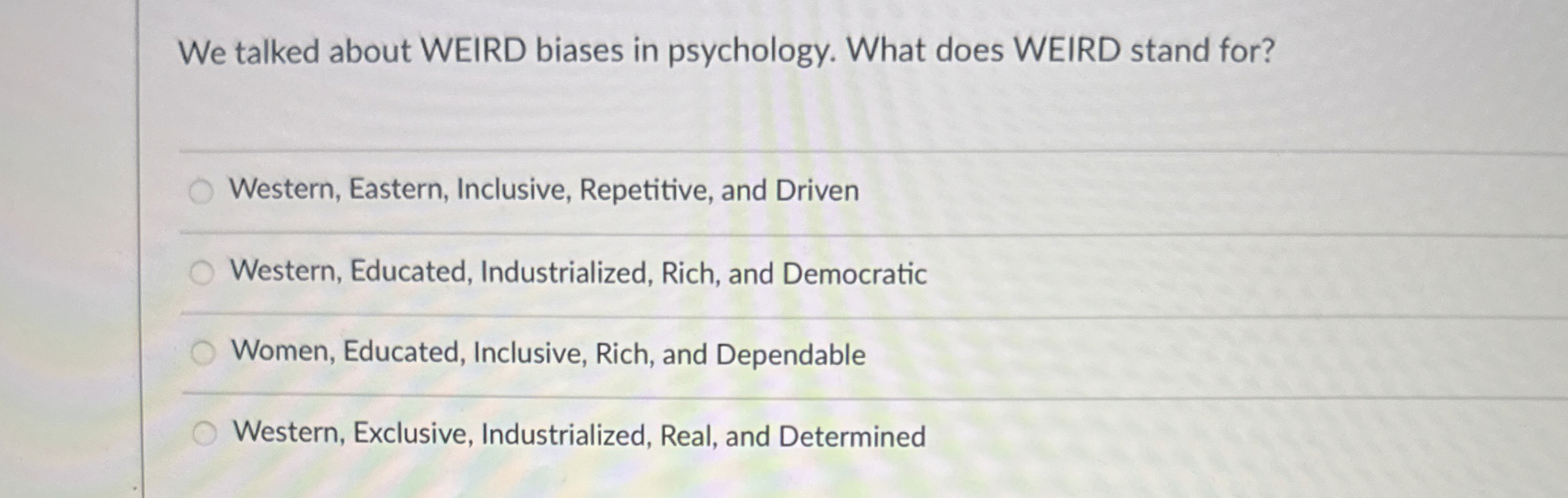 Solved We talked about WEIRD biases in psychology. What does | Chegg.com