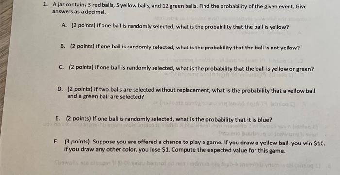 Solved 1. A jar contains 3 red balls, 5 yellow balls, and 12 | Chegg.com