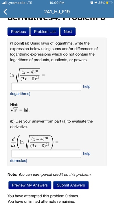 Solved (1 point) (a) Using laws of logarithms, write the | Chegg.com